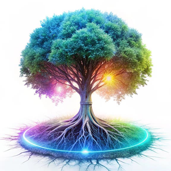 Levitating Digital Tree with Holographic Roots Stock Illustration ...