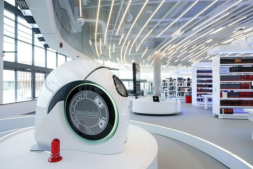 Futuristic Library with Advanced Robotics and Modern Interior Design ...