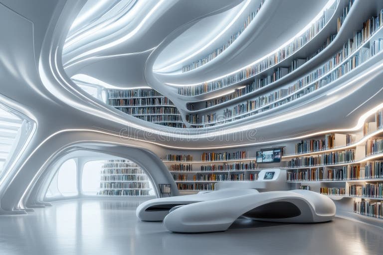 Futuristic Library with Advanced Tech Designed for Reading and Learning ...