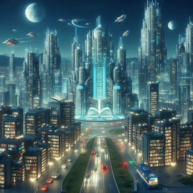 Futuristic Library City a Skyline Showcasing Knowledge and Lear Stock ...
