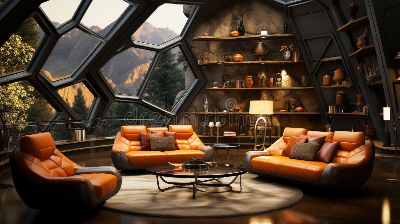 A Futuristic Library with Comfy Chairs and Sofas Stock Illustration ...