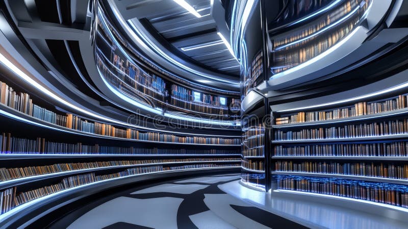 Futuristic Library Concept Illuminated Bookshelves Digital Learning and ...