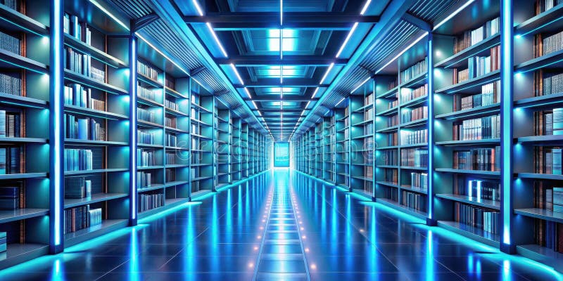 Futuristic Library Corridor with Bright Neon Blue Lighting and Rows of ...