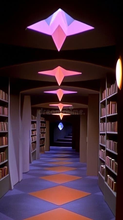 Futuristic Library Corridor with Geometric Lighting and Symmetrical ...