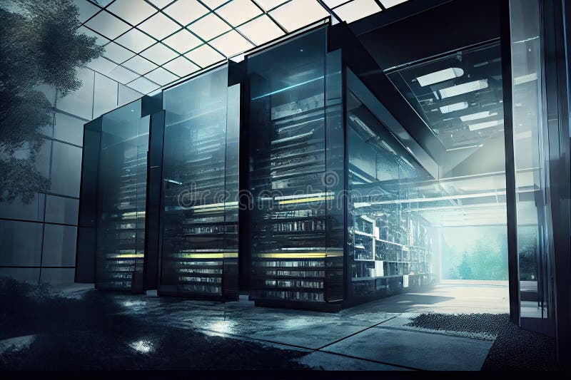 Futuristic Open Office with Holo-projection Wall, Showing a Stunning ...