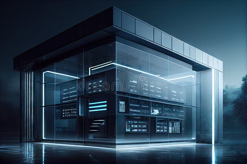 Futuristic Library Data Center, with Glass Walls and Open Floor Plan ...