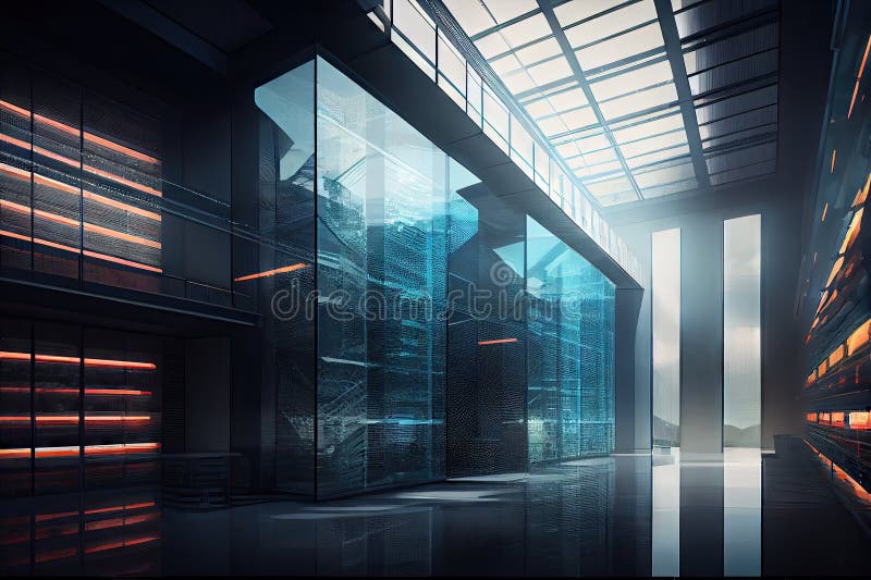 Futuristic Open Office with Holo-projection Wall, Showing a Stunning ...