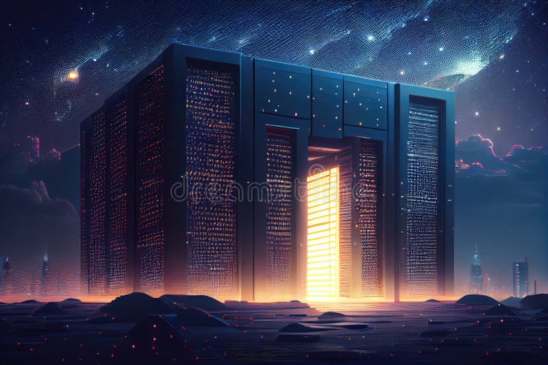 Futuristic Library Data Center, with Rows of Servers and High-tech ...
