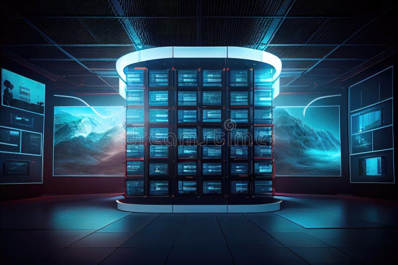 Futuristic Library Data Center with Video Wall, Showcasing the Wealth ...