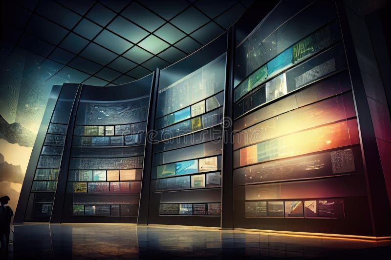 Futuristic Library Data Center with Video Wall, Showcasing the Wealth ...