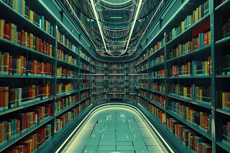 Futuristic Library with Endless Bookshelves and Elevated Pathway Stock ...