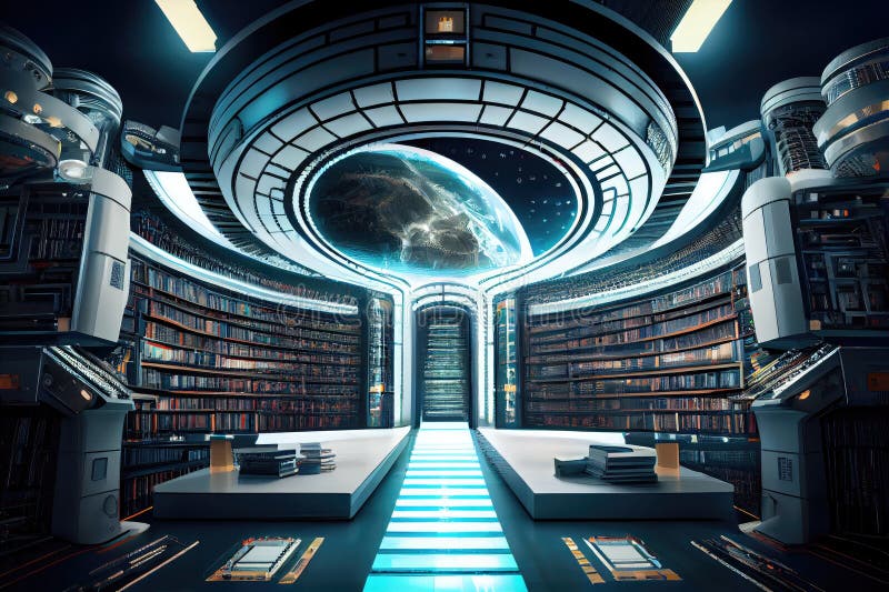 Futuristic Library With Enormous Data Center And A Range Of High Tech