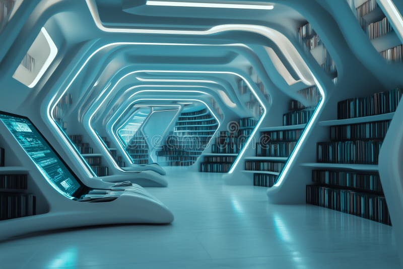 Futuristic Library Featuring Advanced Holographic Displays and Sleek ...