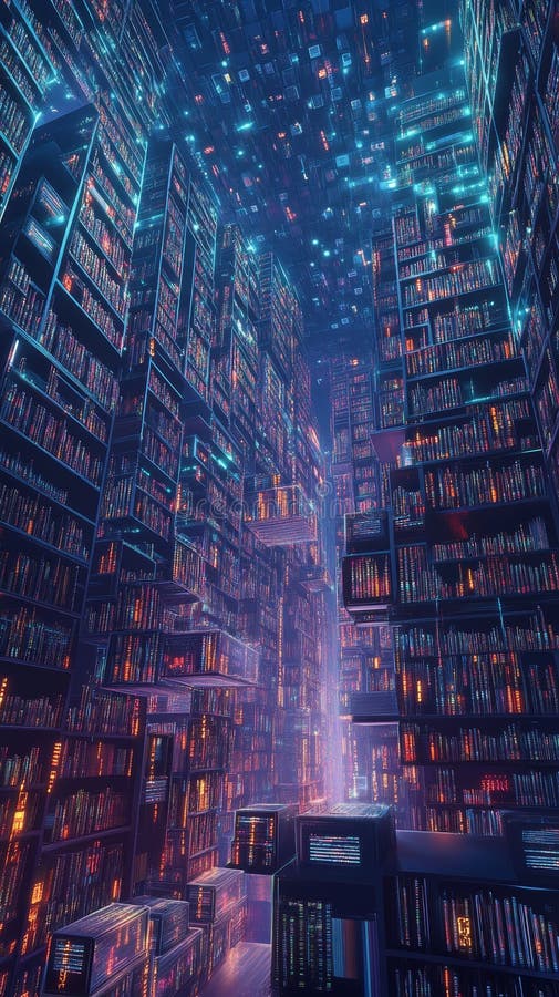 A Futuristic Library of Floating Data Symbols Amidst an Immense Digital ...