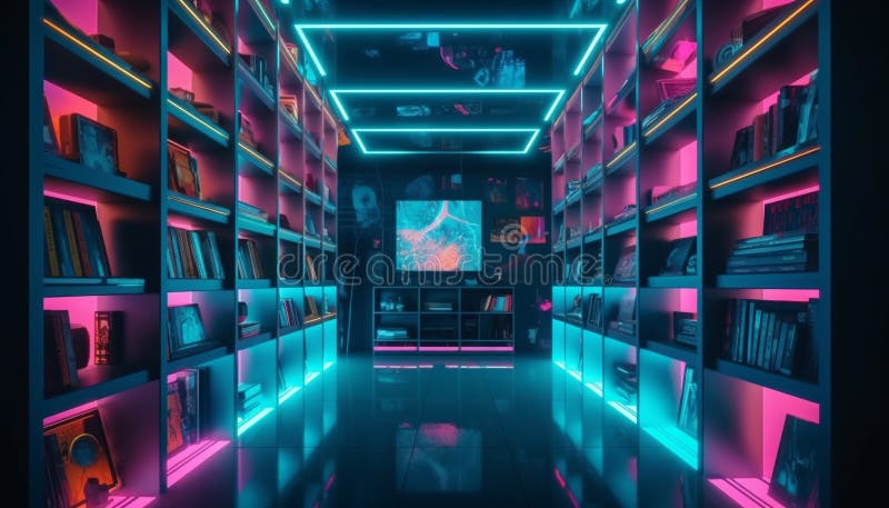 Futuristic Library with Glowing Bookshelves at Night Generated by AI ...
