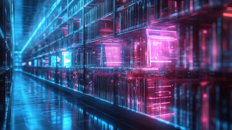 Futuristic Library with Glowing Shelves Filled with Digital Data Stock ...