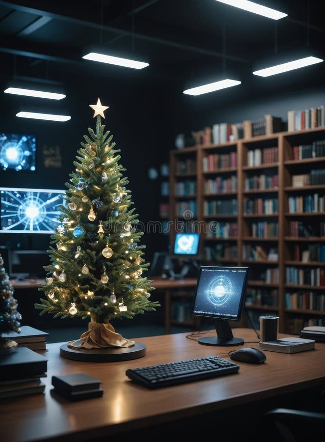 Futuristic Library with Holographic Christmas Tree on Desk. Stock Photo ...