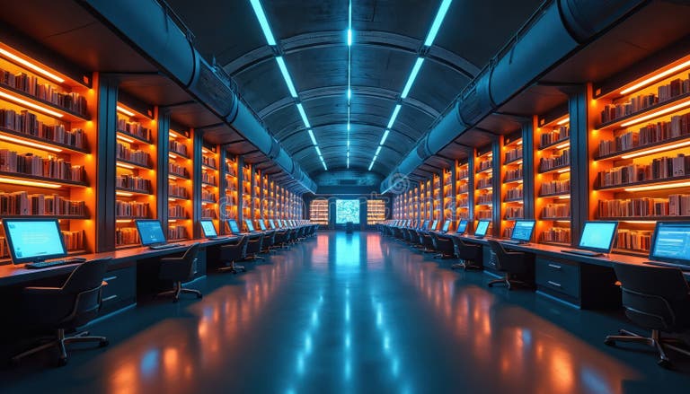 Futuristic Library Interior with Books, Computers. Digitization Concept ...