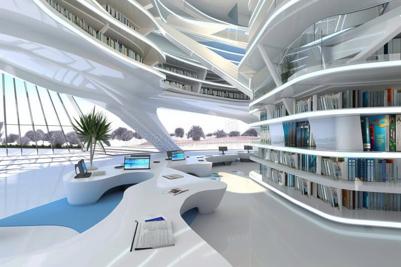 Futuristic Library Interior with Curved Desks and Modern Architecture ...