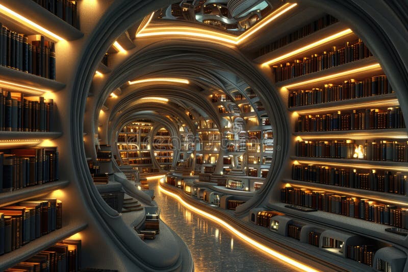 Futuristic Library: Curved Bookshelves and Glowing Aisles Stock ...