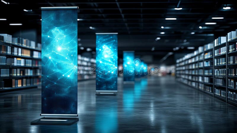 Futuristic Library Interior with Digital Display Banners, Modern and ...
