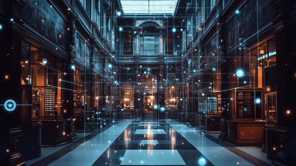 Futuristic Library Interior with Digital Overlay and Glowing ...