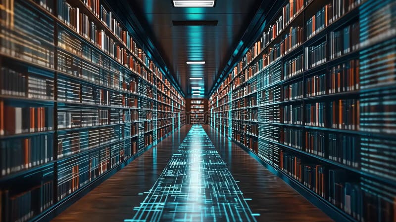 Futuristic Library Interior Featuring Digital Shelves and Illuminated ...