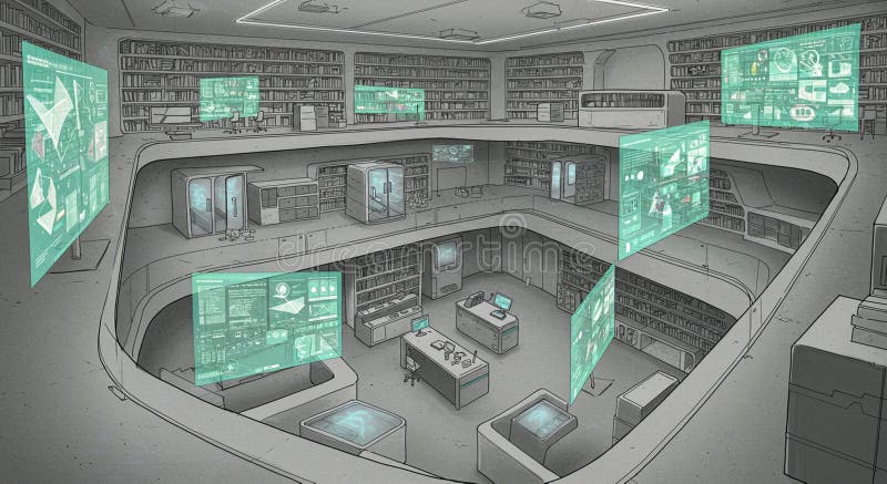 Futuristic Library Interior Featuring Several Levels of Bookshelves ...