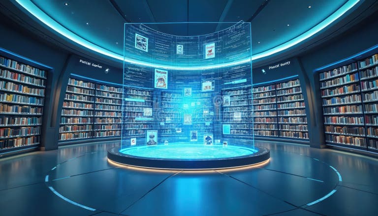 Futuristic Library Interior with Holographic Interface Displaying ...