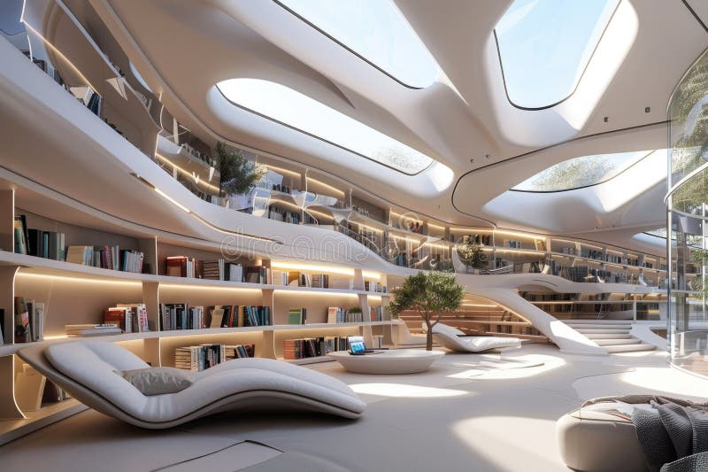 Futuristic Library Interior with Modern Design and Natural Lighting ...
