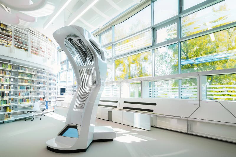 Futuristic Library Interior with Modern Robotic Scanner and Bright ...