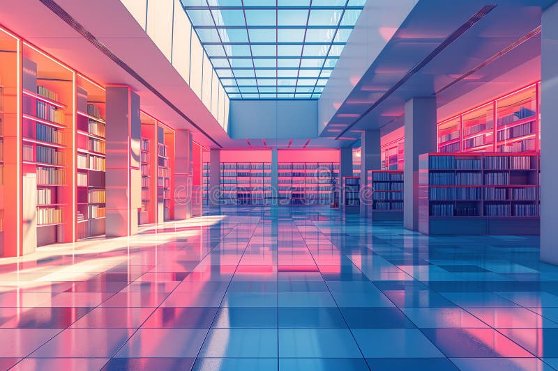 Futuristic Library Interior with Neon Lighting Stock Illustration ...