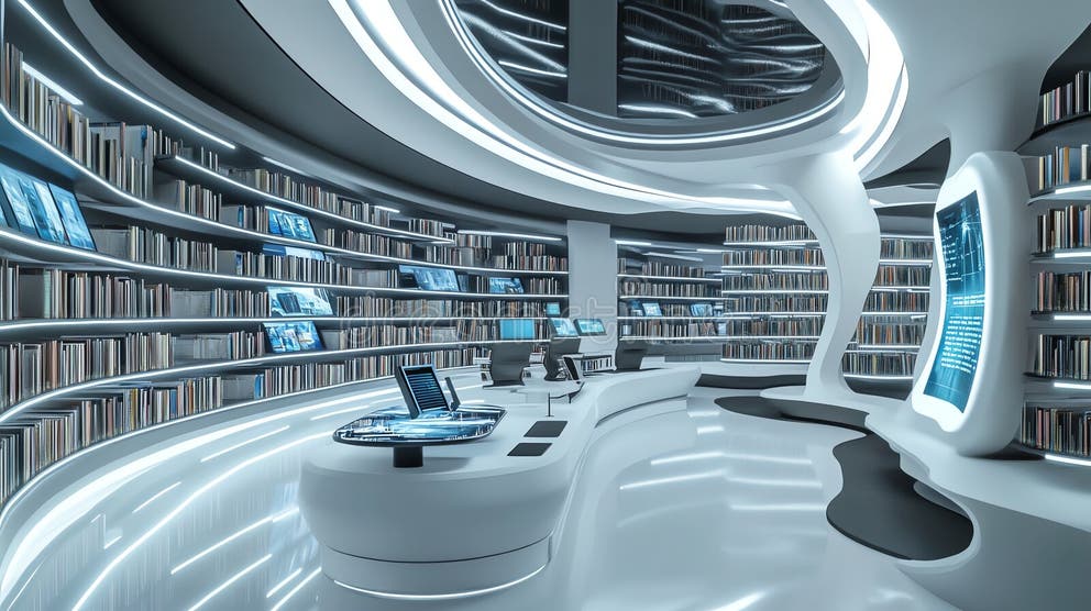 Futuristic Library Interior with Sleek Design, Illuminated Shelves, and ...