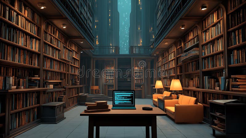 Cyberpunk Library with ARVR Books Stock Illustration - Illustration of ...