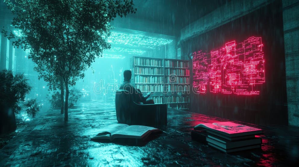 Futuristic Library with Neon Lights and a Digital Interface Stock Image ...