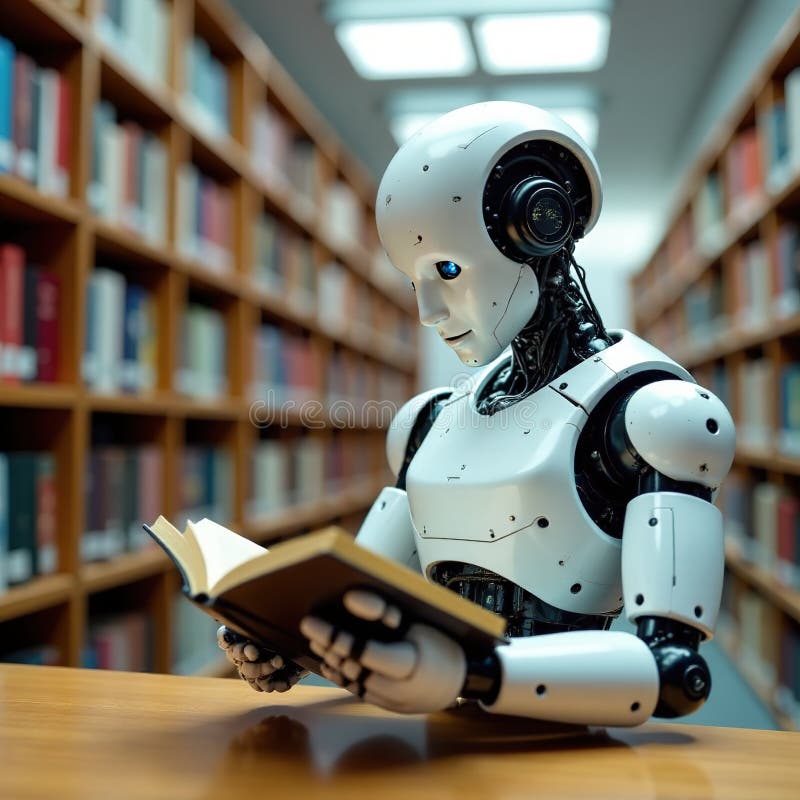 A Futuristic Library Nook Robotic Reader and Glowing Bookshelves ...
