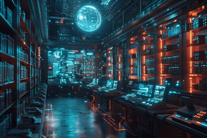 Futuristic Library with Digital Control Panels and a Glowing Orb Stock ...