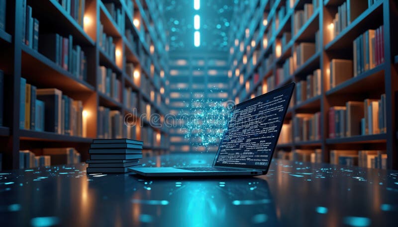 Futuristic Library Setting Displays Tech Integration. Laptop Computer in Center Shows AI-powered ...