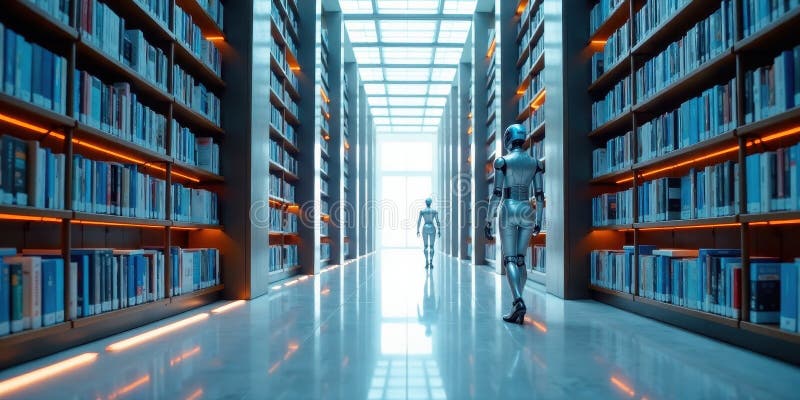A Futuristic Library Showcasing Advanced Robotic Figures Navigating ...