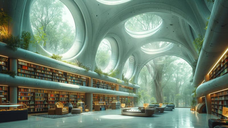 Vast Futuristic Library with Planets in Sky at Dusk Stock Image - Image ...