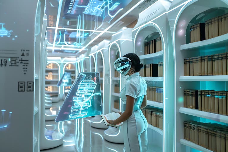 Futuristic Library with Woman Using Advanced Technology Stock ...