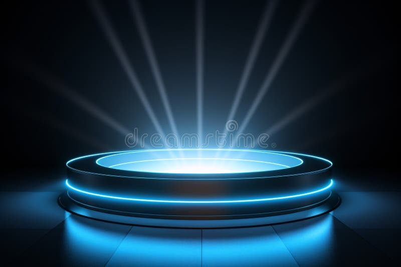 Futuristic Light Blue Circle Podium with Emanating Rays on Dark ...