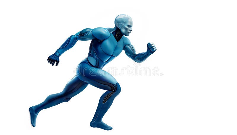 A Futuristic, Light Blue Cybernetic Humanoid is Shown Sprinting at High ...