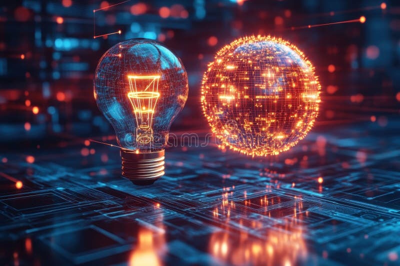 Futuristic Light Bulb and Digital Globe Symbolizing Technology and ...