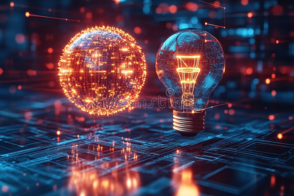Futuristic Light Bulb and Digital Globe Symbolizing Technology and ...