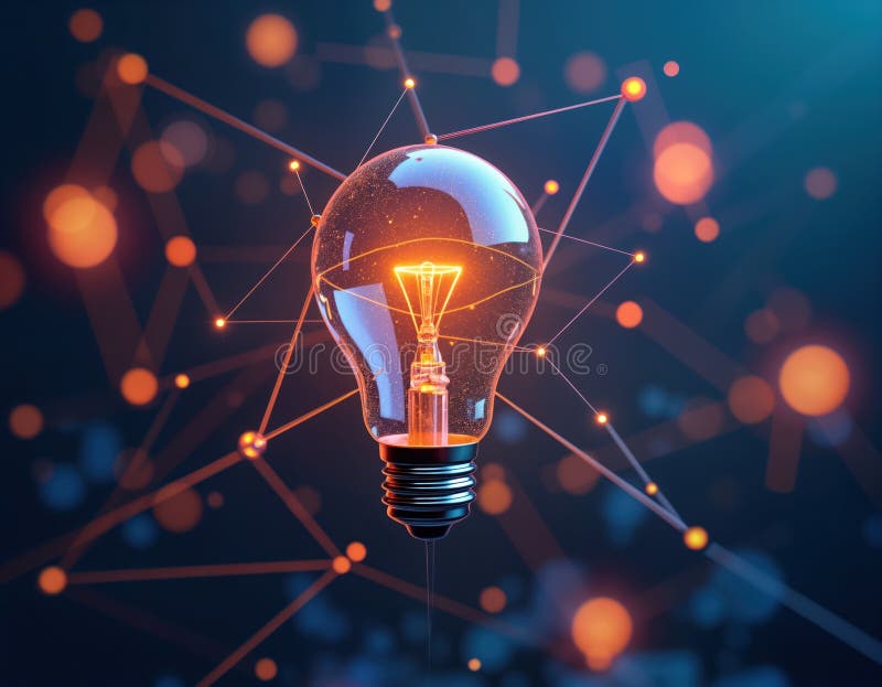 Futuristic Light Bulb Glows Brightly. Network of Lines Connects To Digital Dots. Abstract Image ...