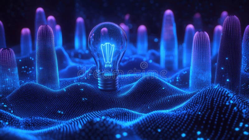 Futuristic Light Bulb in Neon Blue Digital Landscape with Abstract ...