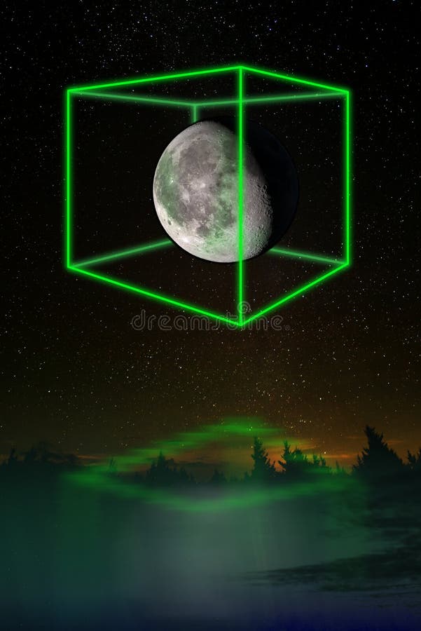 Futuristic Light Cube Around the Moon Night Additional Lighting in the ...