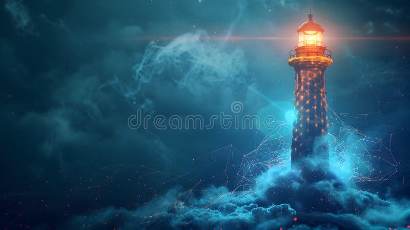 Futuristic Lighthouse Guiding through Digital Waves Stock Photo - Image ...