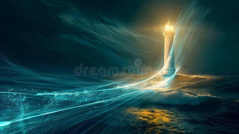 Futuristic Lighthouse Guiding through Digital Waves Stock Image - Image ...